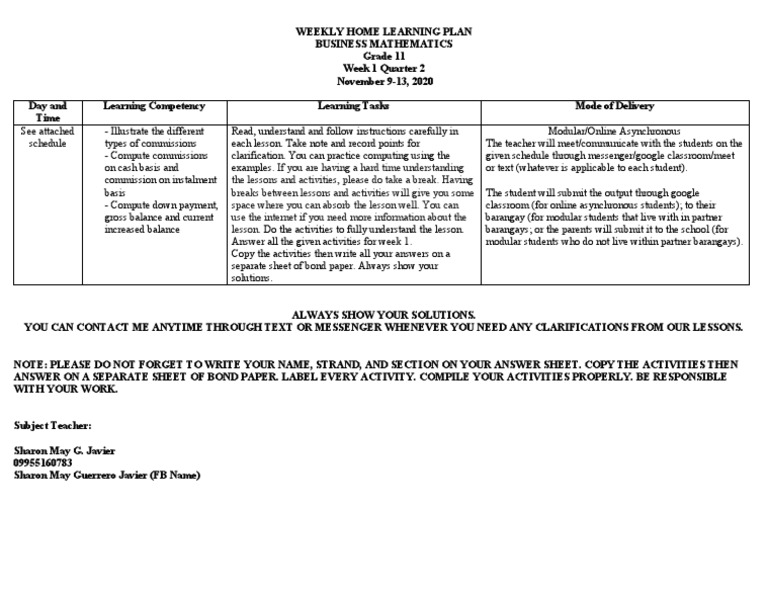 Grade 11 Business Math Weekly Plan | PDF | Classroom | Education Theory