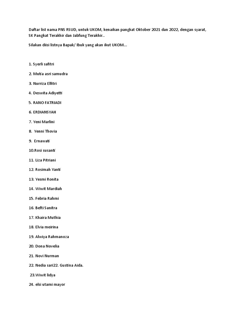 Daftar List Nama PNS RSUD UKOM 2021 | PDF