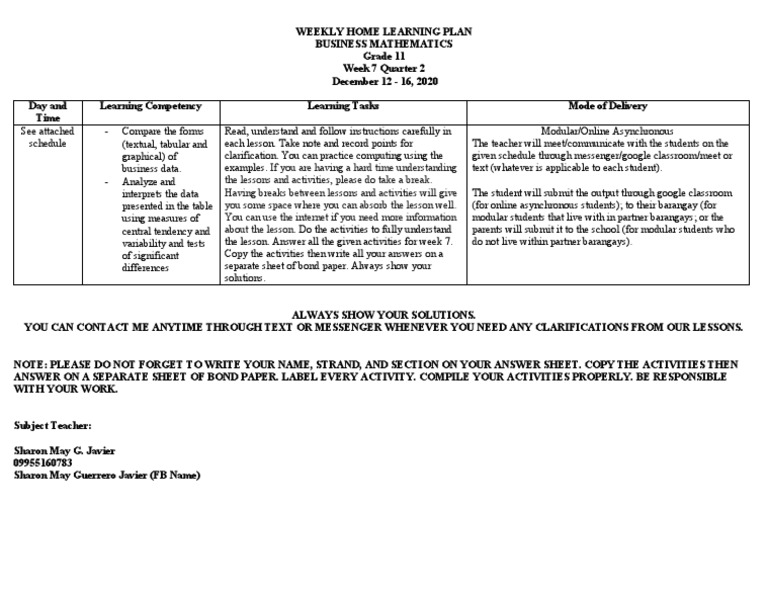 Grade 11 Business Math Weekly Plan | PDF | Classroom | Pedagogy