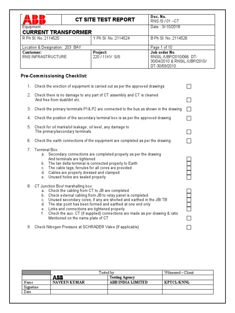 Current Transformer Site Test Report | PDF | Transformer | Electronic ...