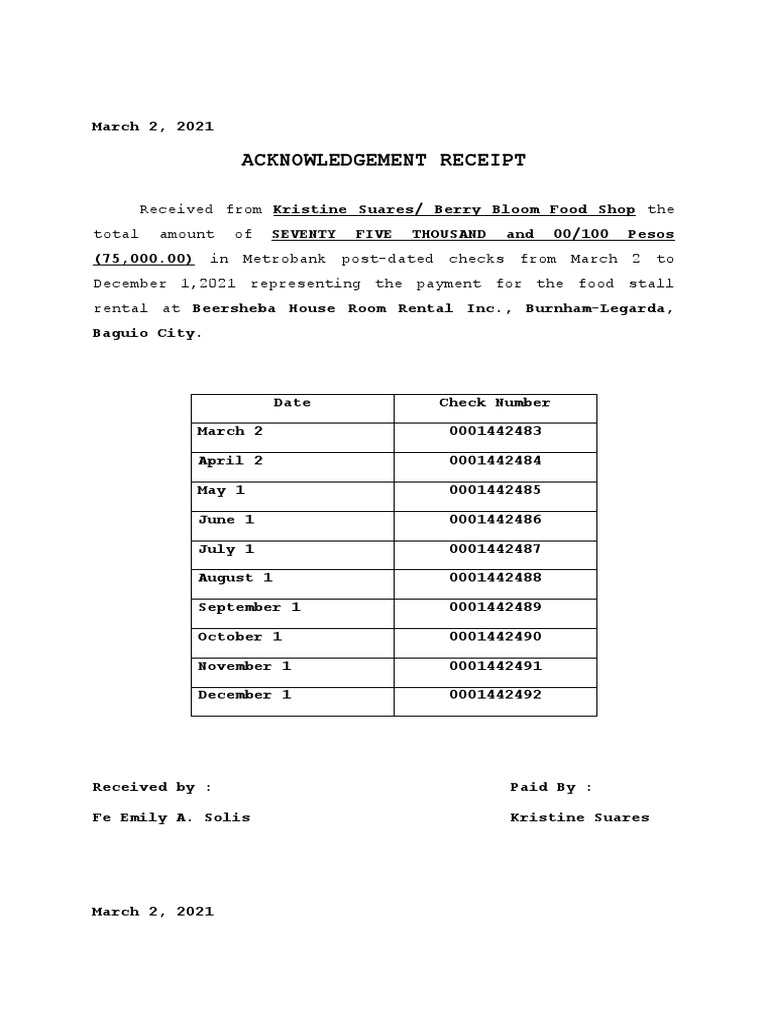 Acknowledgement Receipt for Cheque Payment | PDF