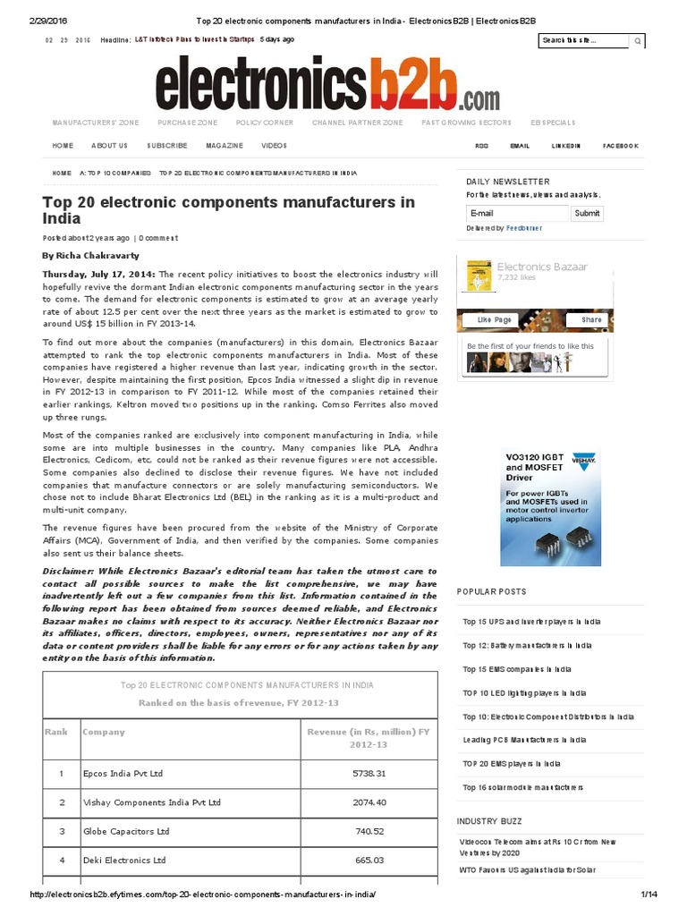 Top Electronic Components Manufacturers in India | PDF | Electronics ...