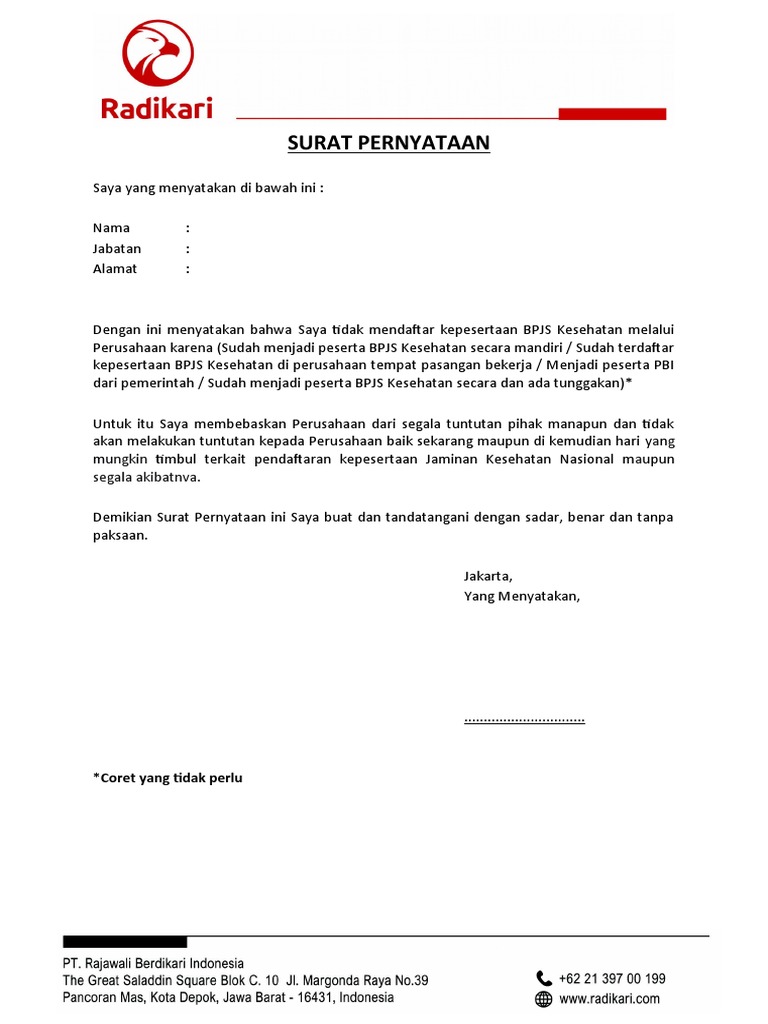 Surat Pernyataan BPJS Kesehatan | PDF