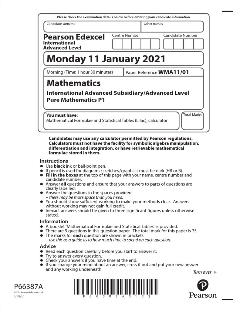 P1 Question Paper January 21 | PDF | Angle | Equations