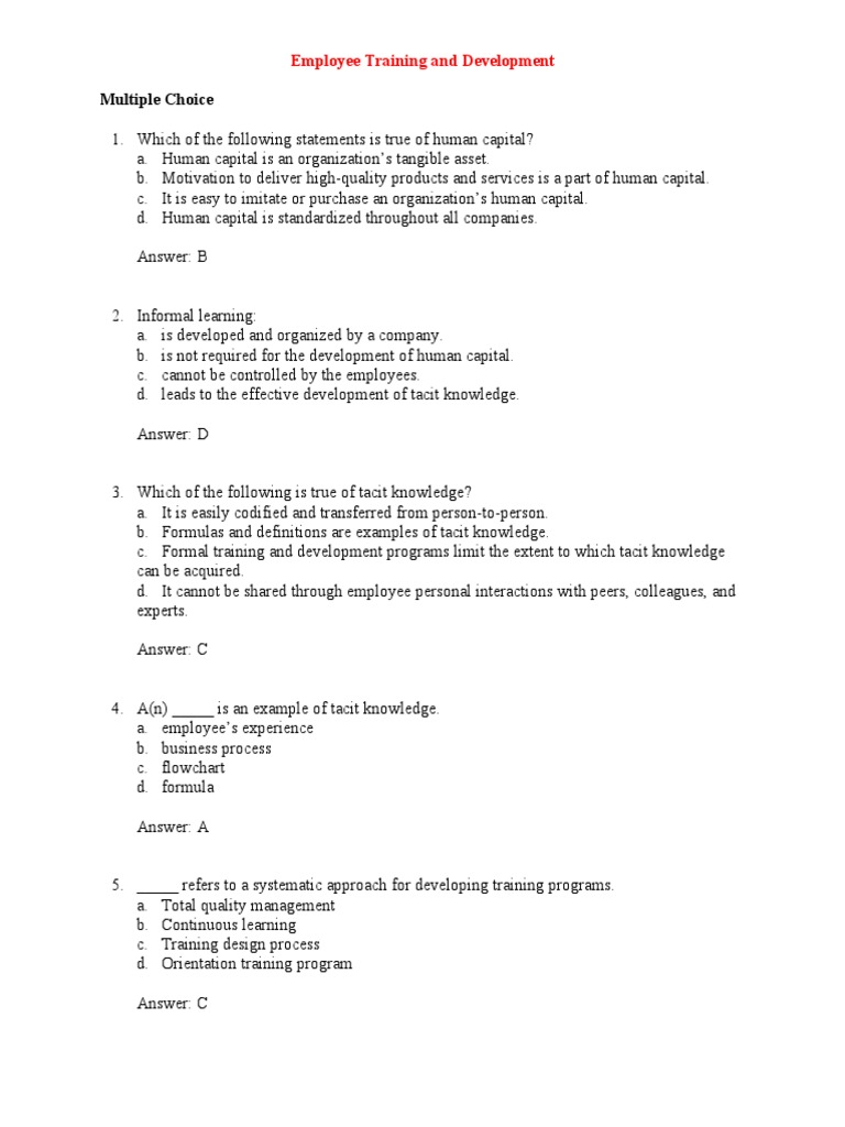Multiple Choice: Employee Training and Development | PDF | Competence ...