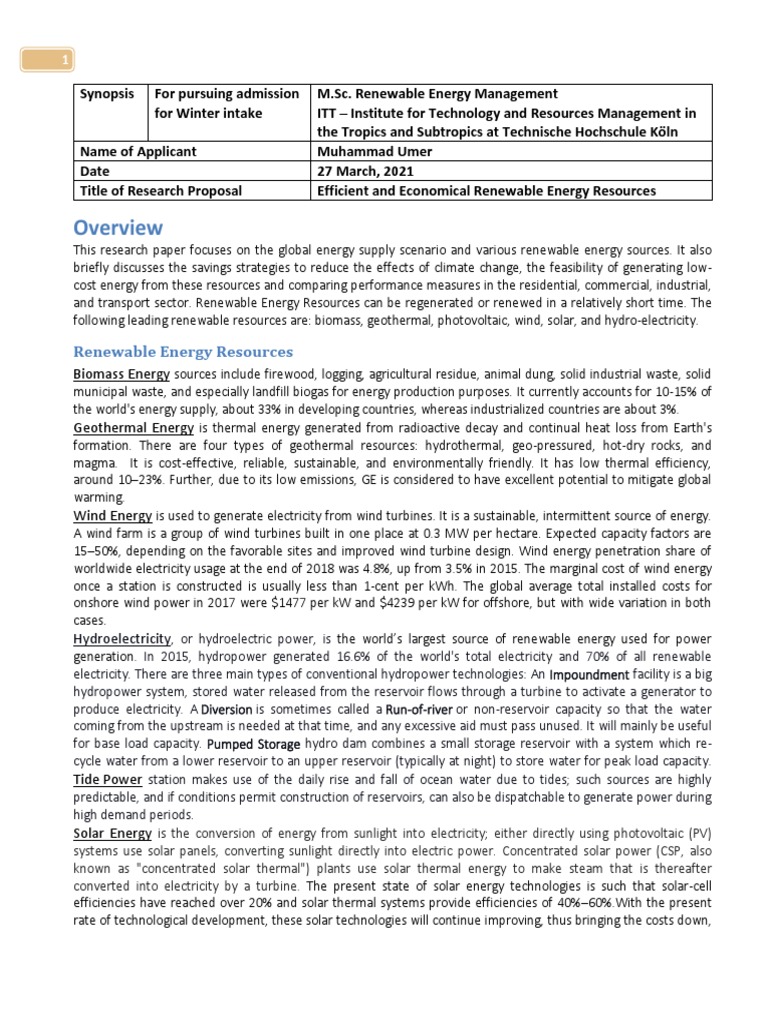 Efficient and Economical Renewable Energy Resources (Research Proposal ...