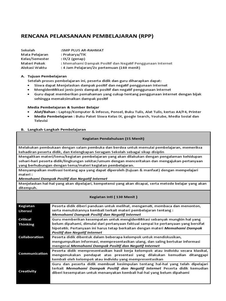 RPP Tik Kelas Ix "Dampak Penggunaan Internet" | PDF