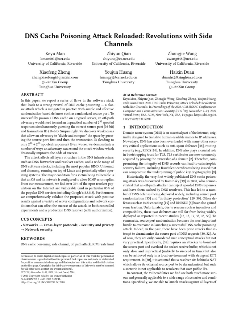 DNS Cache Poisoning Attack Reloaded: Revolutions With Side Channels | PDF | Domain Name System ...