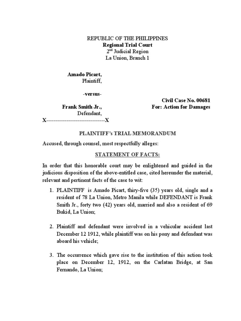 Regional Trial Court: Plaintiff'S Trial Memorandum | PDF | Negligence ...