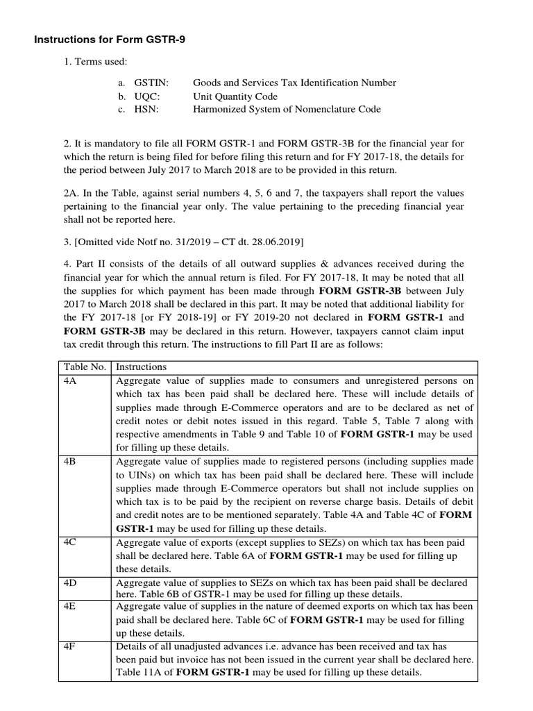 Instructions For Form GSTR-9 | PDF | Tax Credit | Taxes