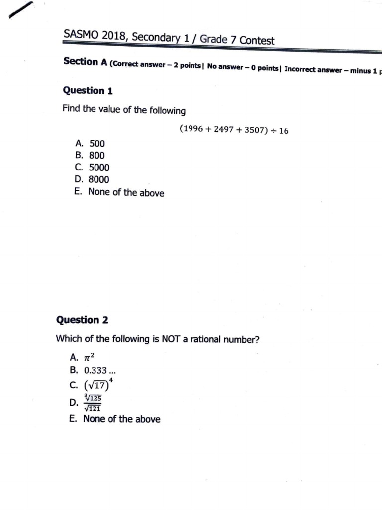 SASMO 2018, Secondary 1 / Grade 7 Contest: Section A | PDF ...