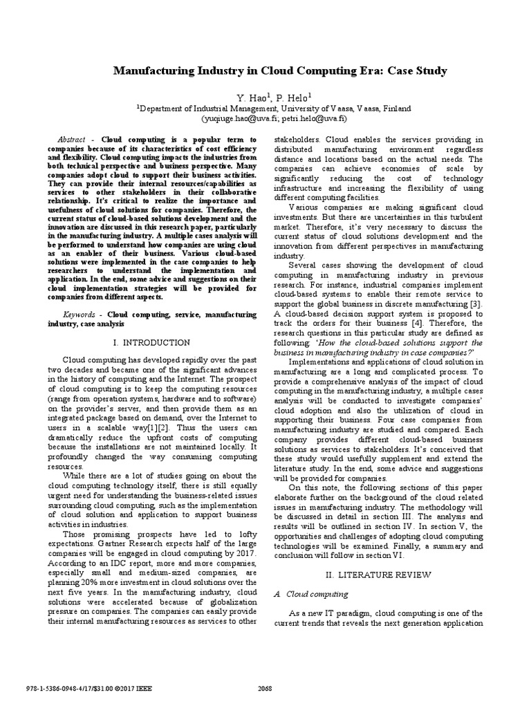 Manufacturing Industry in Cloud Computing Era: Case Study: Y. Hao, P. Helo | PDF | Software As A ...