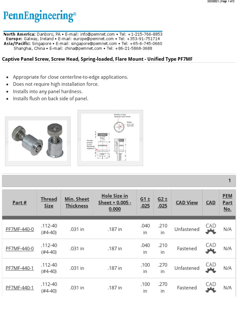 Captive Panel Screw Specifications | PDF | Metalworking | Screw