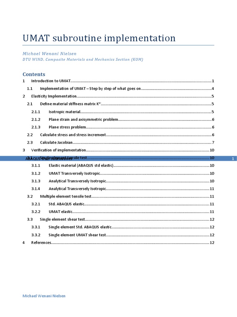 UMAT Subroutine Implementation: Michael Wenani Nielsen | PDF | Stress (Mechanics) | Elasticity ...