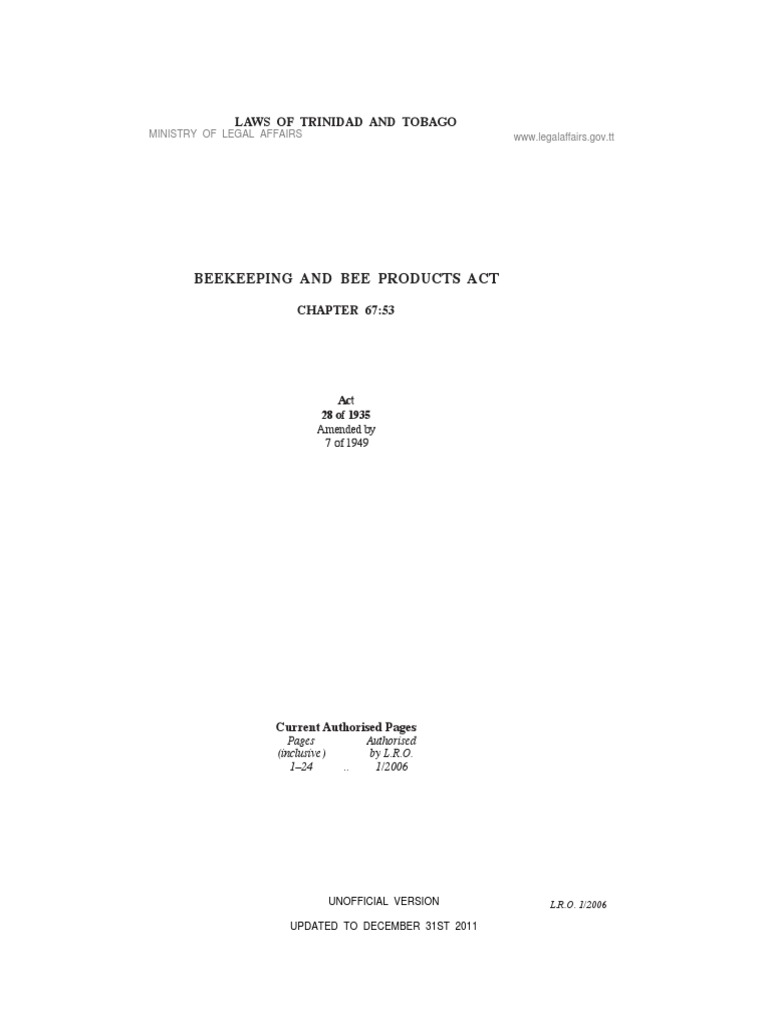 Beekeeping and Bee Products Act: Laws of Trinidad and Tobago | PDF ...