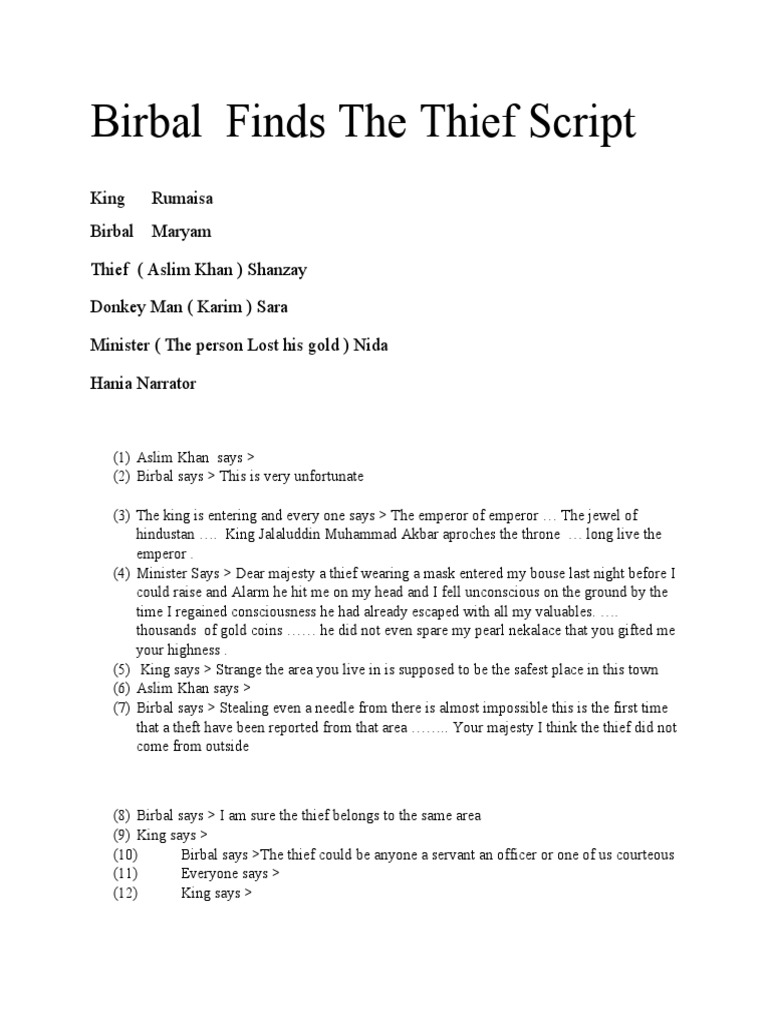Birbal Finds The Thief Script | PDF