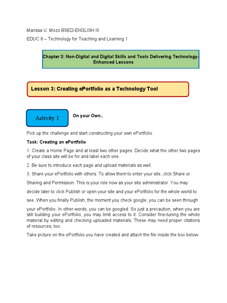 Activity 1: Lesson 3: Creating Eportfolio As A Technology Tool | PDF ...