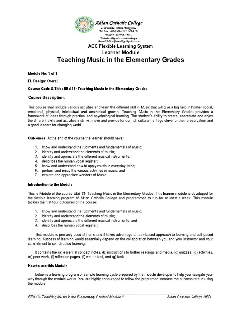 Teaching Music in Elementary Grades Module | PDF | Tempo | Clef
