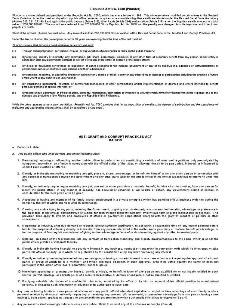 Republic Act No. 7080 (Plunder) : A. Any Public Officer Who Shall ...