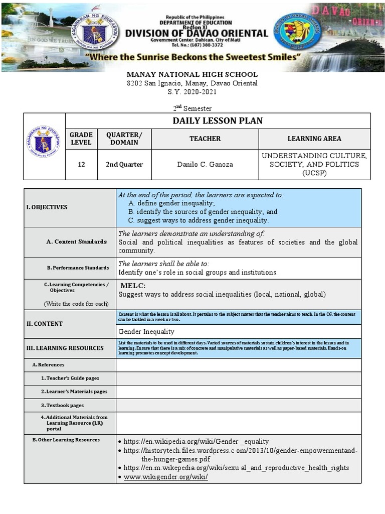 Daily Lesson Plan: Manay National High School | PDF | Gender Inequality ...