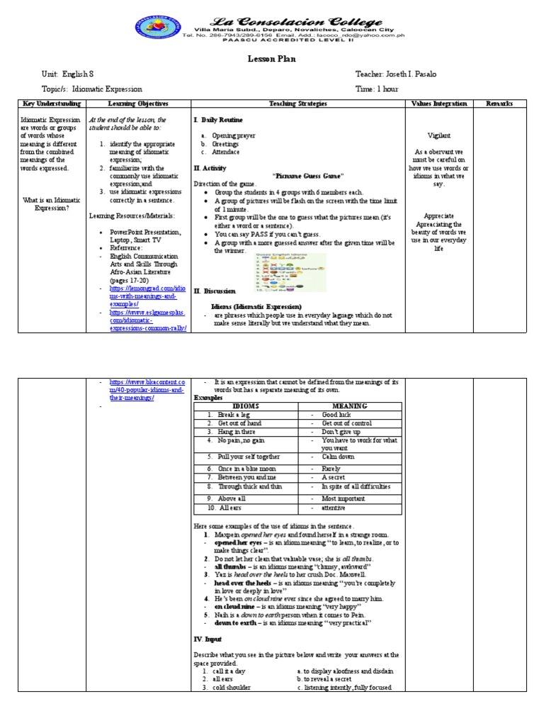 Lesson Plan - Idiomatic Expression - Joseth Pasalo - (ENG 23) | PDF ...
