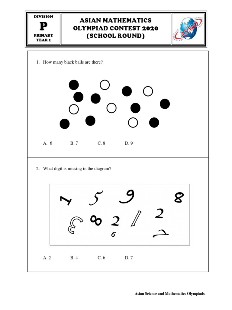 ASMO 2020 Maths Grade 1 | PDF | Teaching Mathematics
