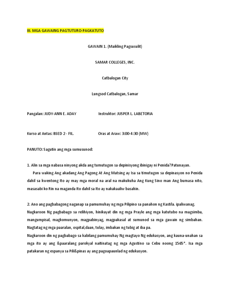 Iii. Mga Gawain-20121 | PDF
