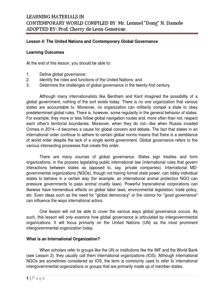 UN Roles in Global Governance | PDF | United Nations | International ...