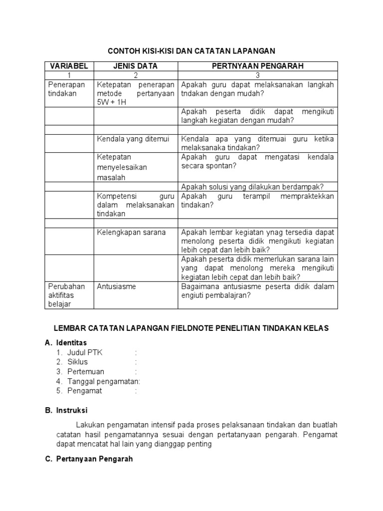 Contoh Kisi-Kisi Dan Instrumen Field Note | PDF