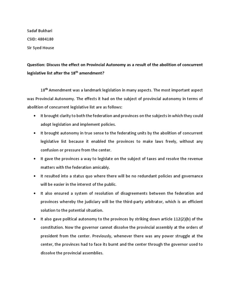 Question: Discuss The Effect On Provincial Autonomy As A Result of The ...