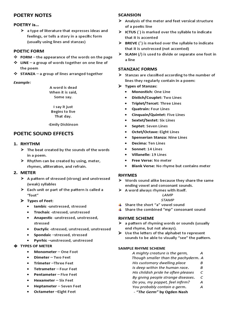 Poetry Notes: Scansion | PDF | Metre (Poetry) | Poetry