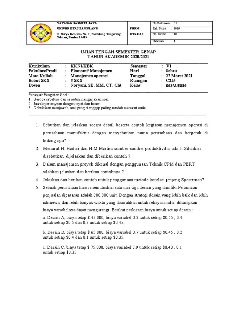Soal UTS Manajemen Operasi Janah | PDF