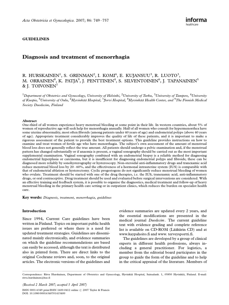 Diagnosis and Treatment of Menorrhagia | PDF | Menstruation ...