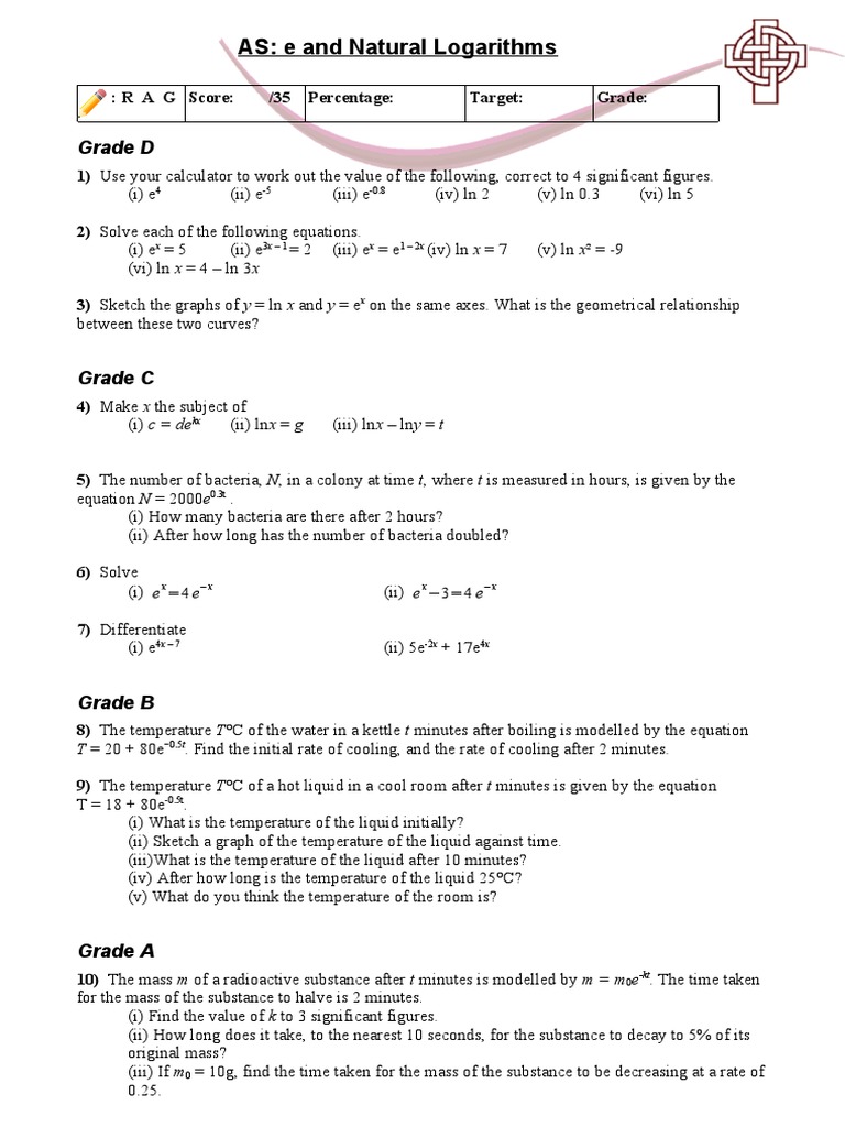 AS e and Natural Logarithms Assessment | PDF | Radioactive Decay | Equations