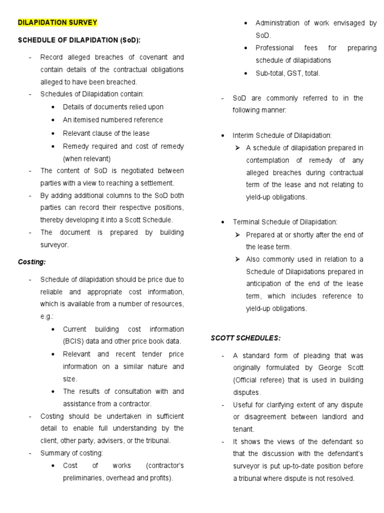 Dilapidation Survey Schedule of Dilapidation (Sod) :: Costing | PDF ...