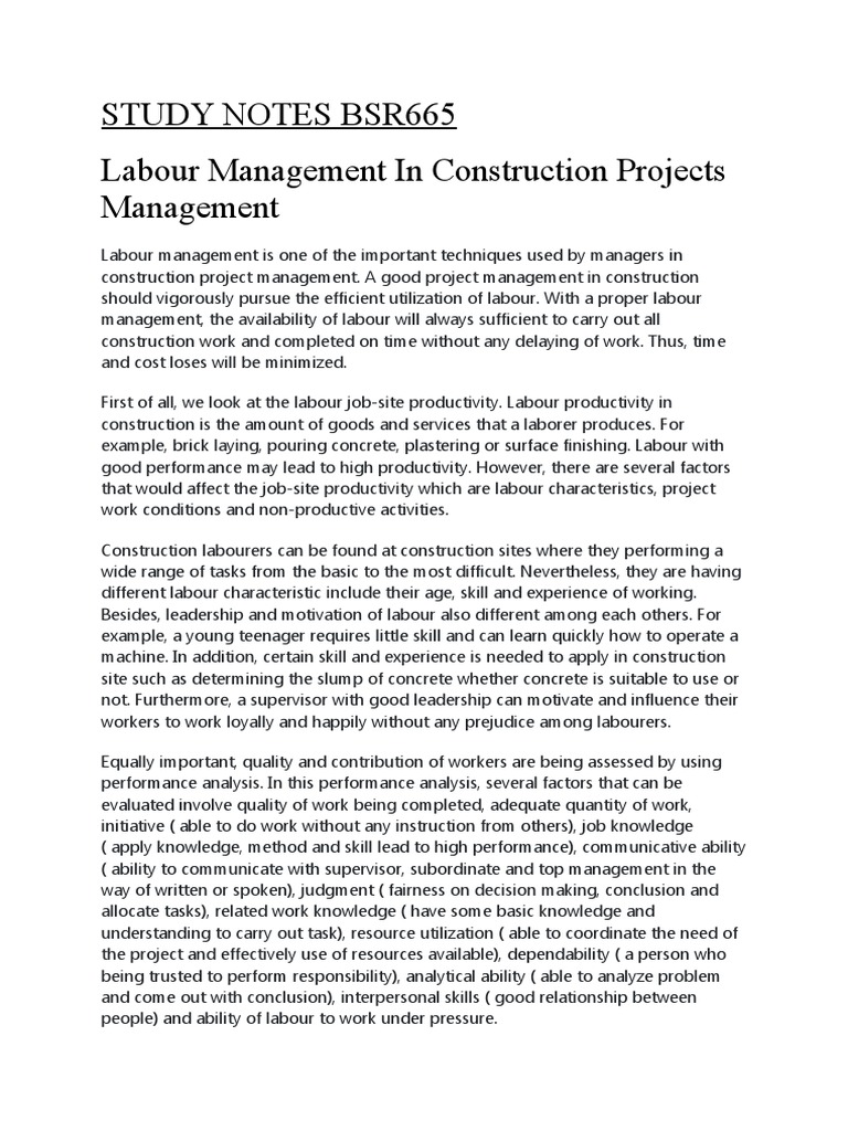 Labour (Manpower) Management in Construction | PDF | Labour Economics ...