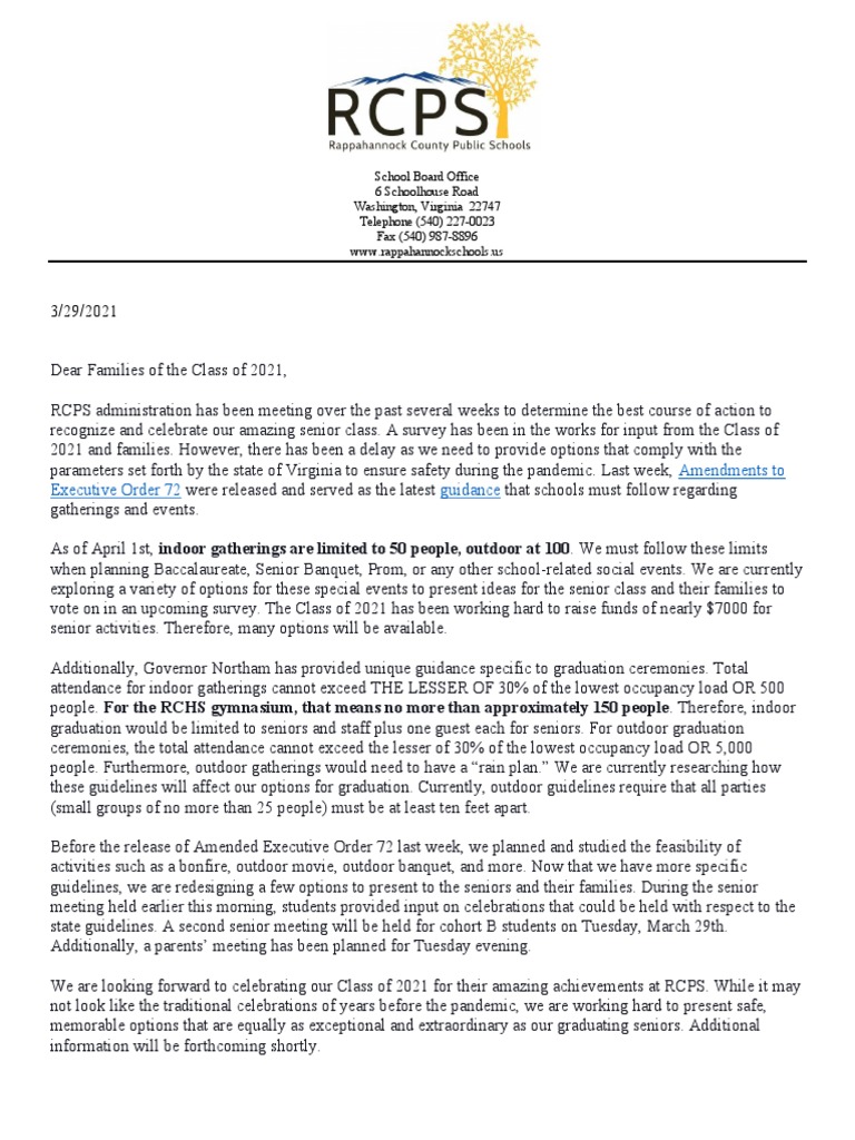 RCPS Letter To Class of 2021 Familes | Download Free PDF | The United ...