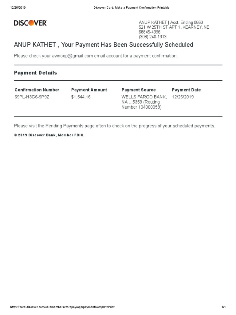 Discover Card: Make A Payment Confirmation Printable | PDF