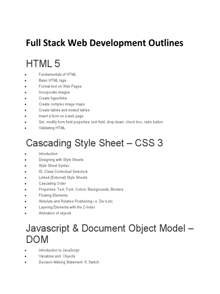 Full Stack Web Development Outlines: HTML 5 | PDF | Html Element | Xml
