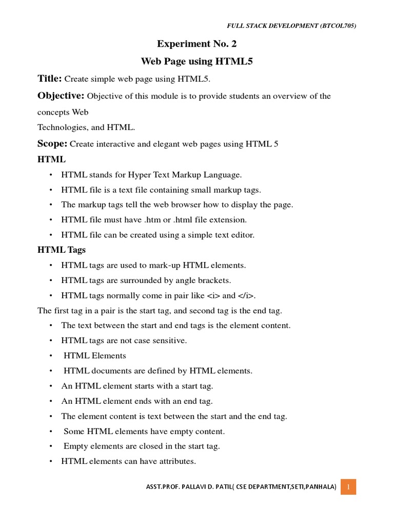 Experiment No. 2 Web Page Using HTML5 Title: Objective | PDF | Html Element | Html