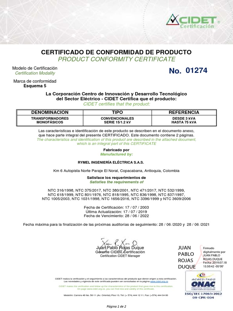 Transformadores Monofásicos RYMEL-CIDET 01274 | PDF | Elementos ...