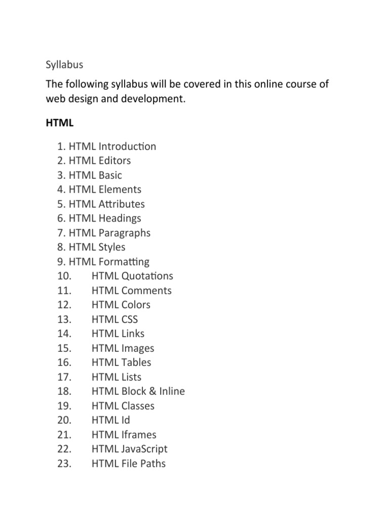 The Following Syllabus Will Be Covered In This Online Course Of Web Design And Development