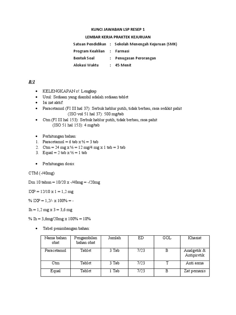Kunci Jawaban LSP Resep 1 Lembar Kerja Praktek Kejuruan | PDF | Kesehatan Holistik