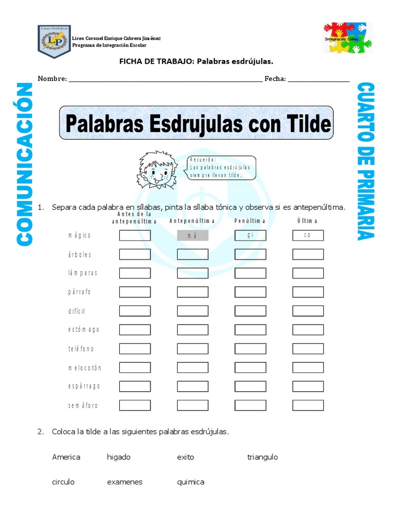 Ficha Palabras Esdrujulas Con Tilde para Cuarto de Primaria | PDF