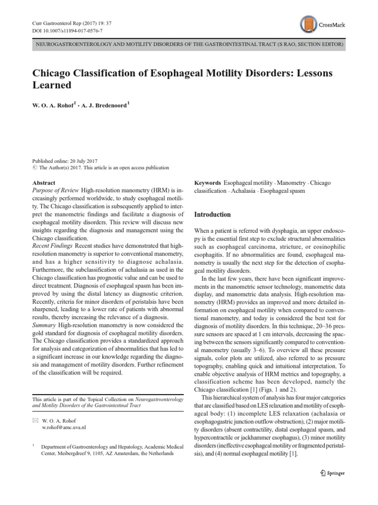 Chicago Classification of Esophageal Motility Disorders: Lessons ...