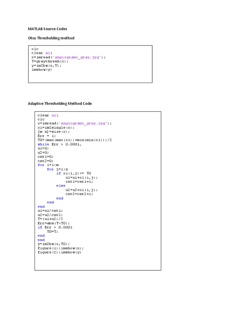 MATLAB Source Codes Otsu Thresholding Method: All 'Angiogram1 - Gray - JPG' | PDF | Function ...