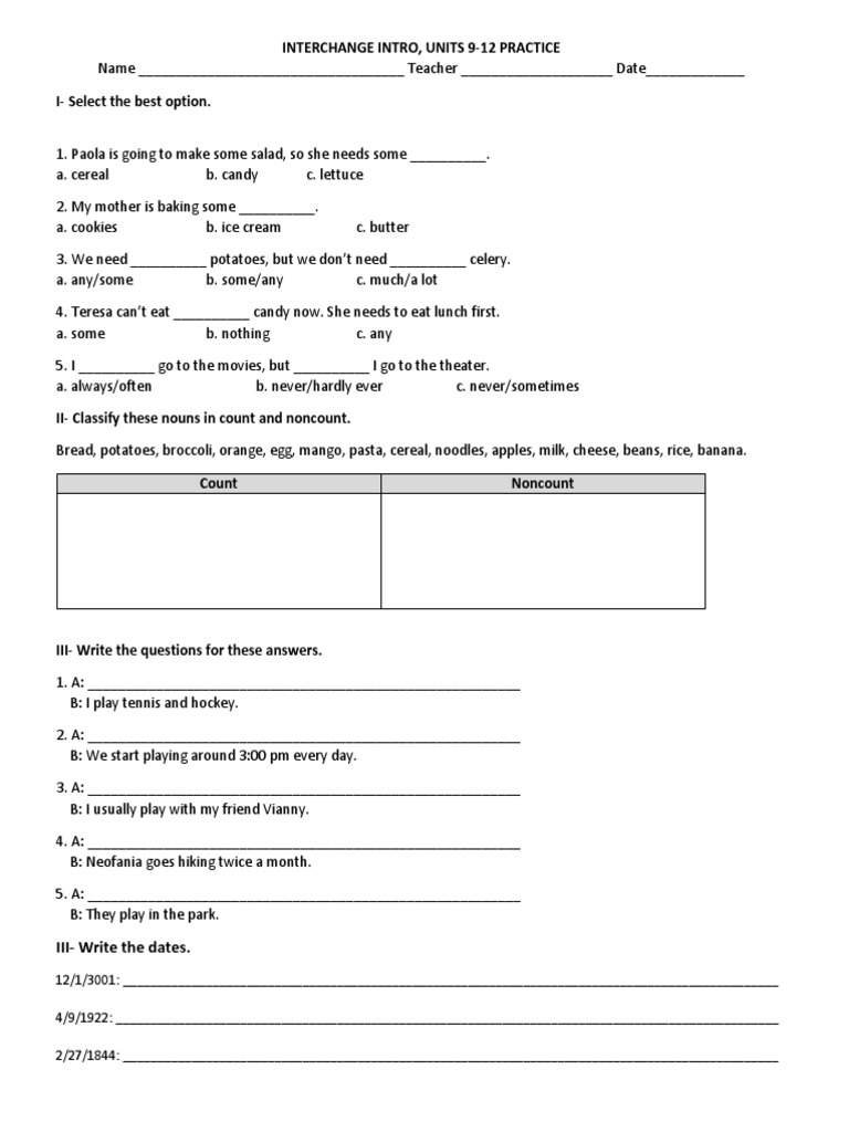Interchange Intro Units 9-12 Practice | PDF | Foods | Cuisine