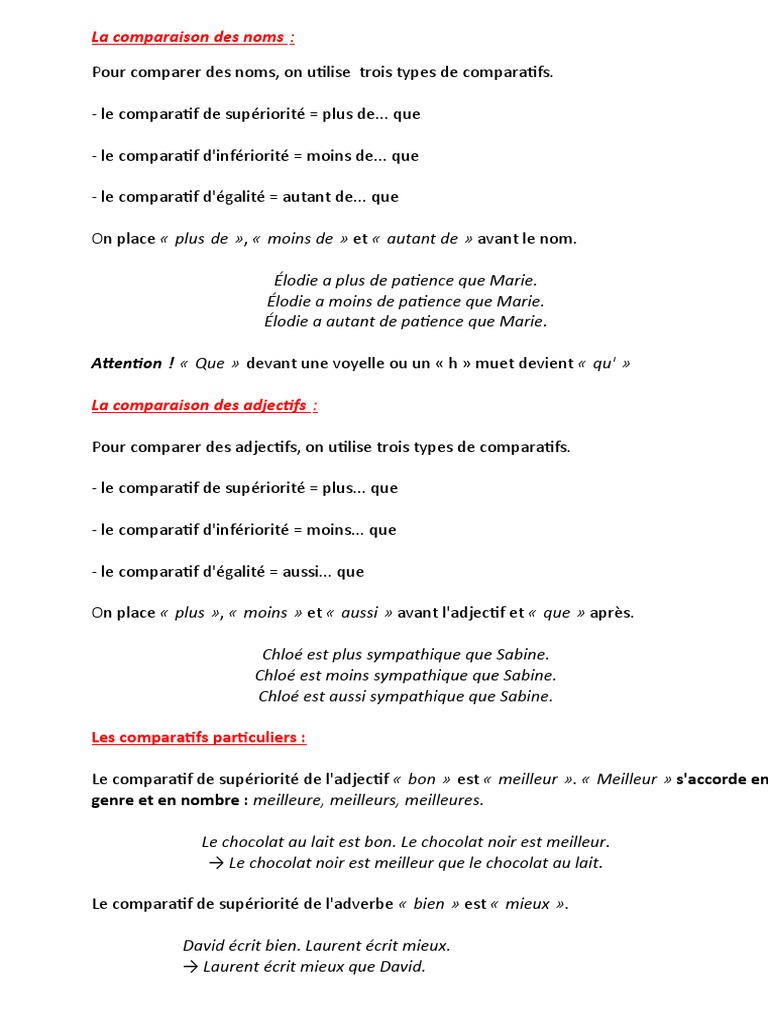 LE COMPARATIF Leçon Et Exercices | PDF | Nourritures