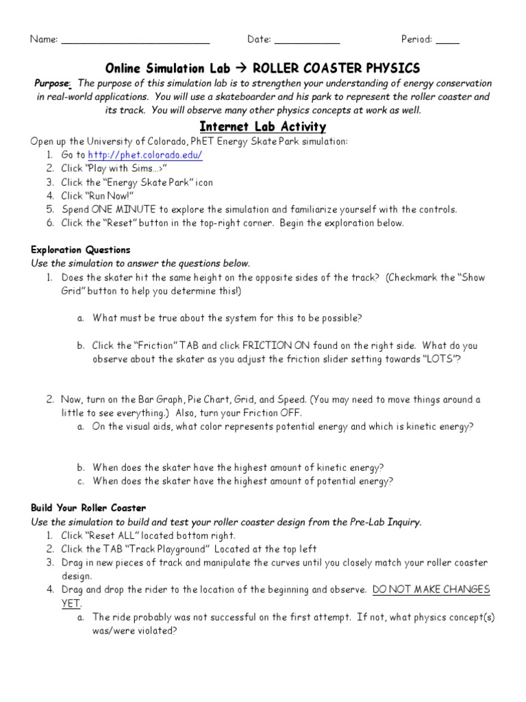 Roller Coaster Physics Simulation Lab | PDF | Physics | Energy And Resource