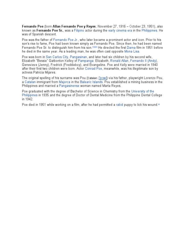Fernando Poe (Born Allan Fernando Poe y Reyes November 27, 1916 ...